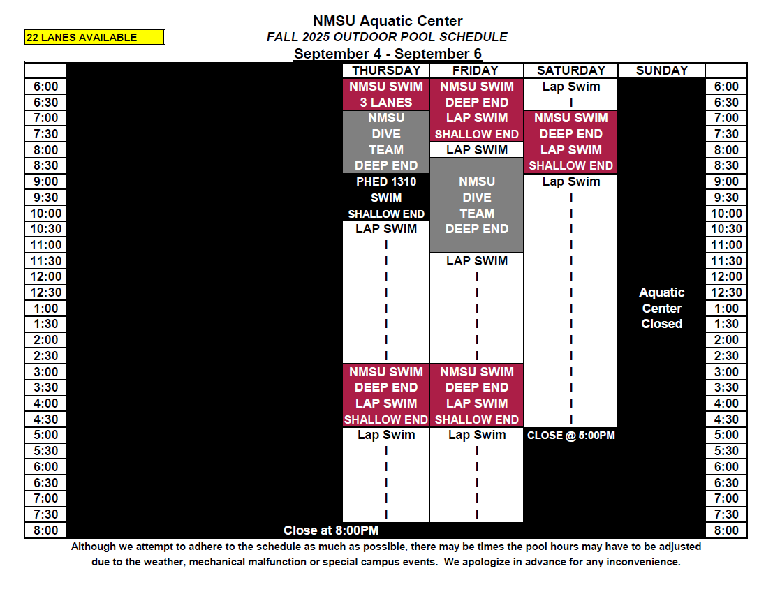 Outdoor Pool Schedule | New Mexico State University | BE BOLD. Shape ...