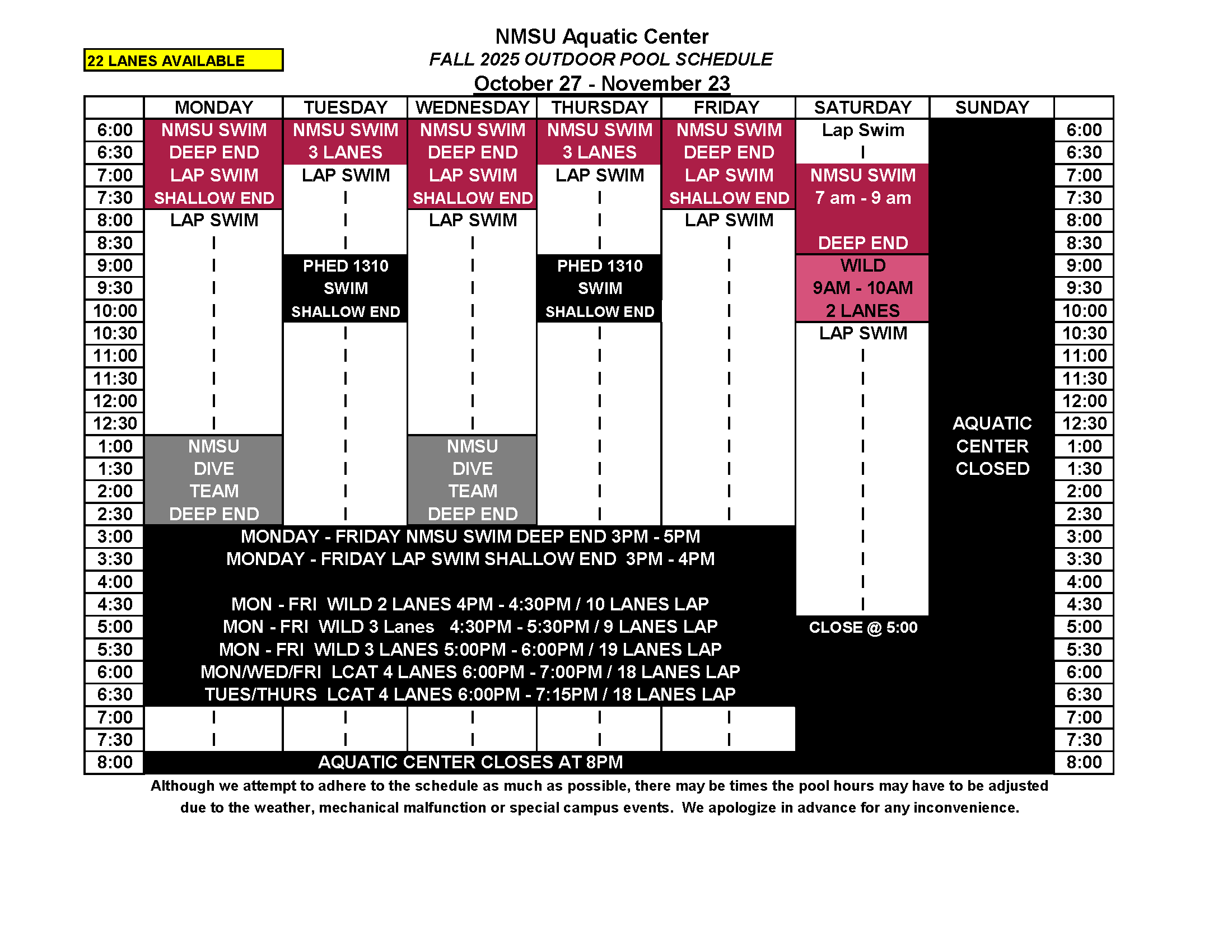 Outdoor Pool Schedule | New Mexico State University | BE BOLD. Shape ...